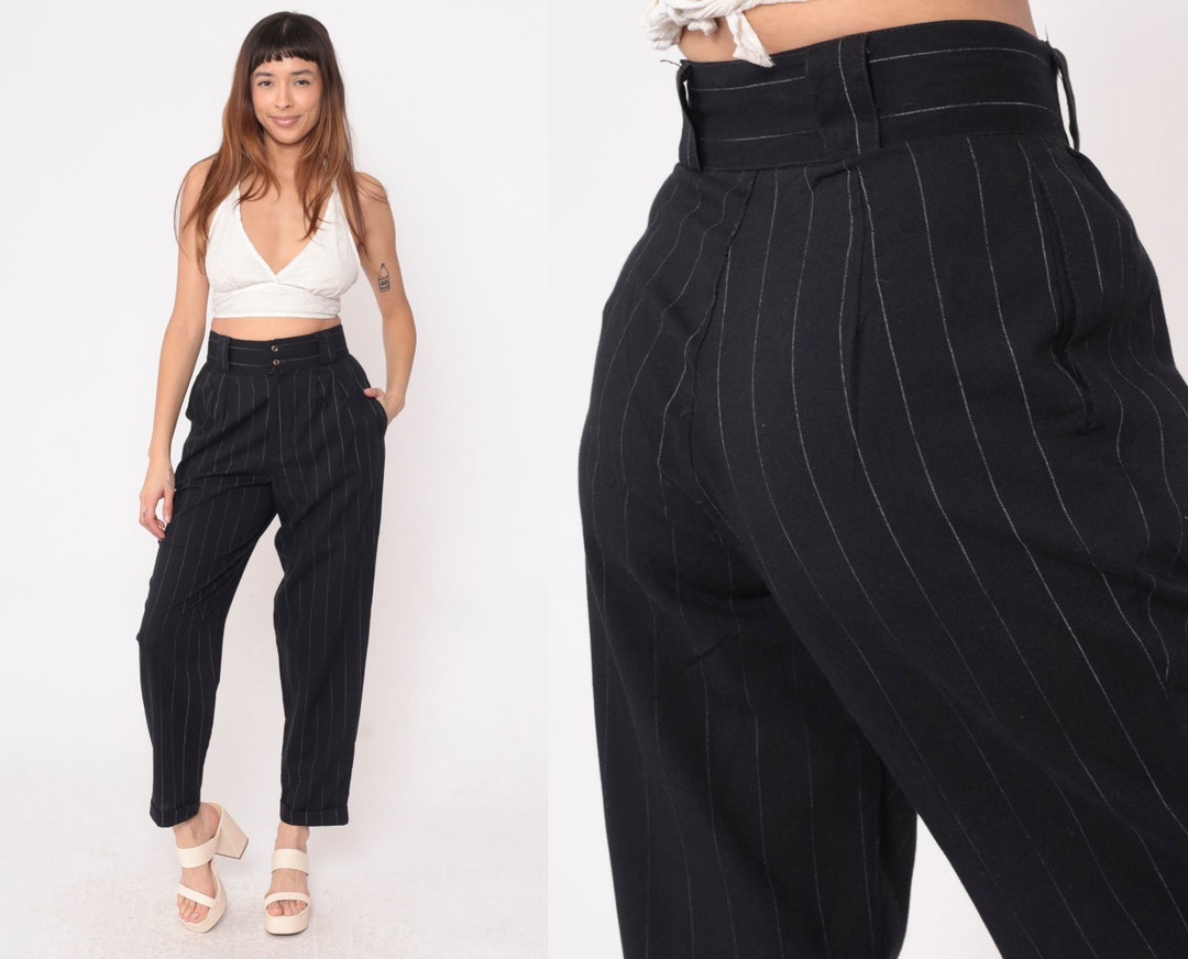 Black Pinstripe Pants 80s Pleated High Rise Trousers Straight Leg ...