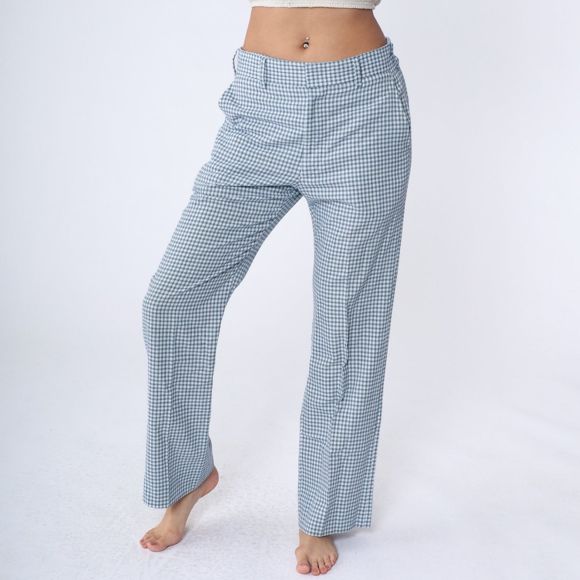Checkered Pants 80s Straight Leg Plaid Trousers Golf Retro White Blue ...