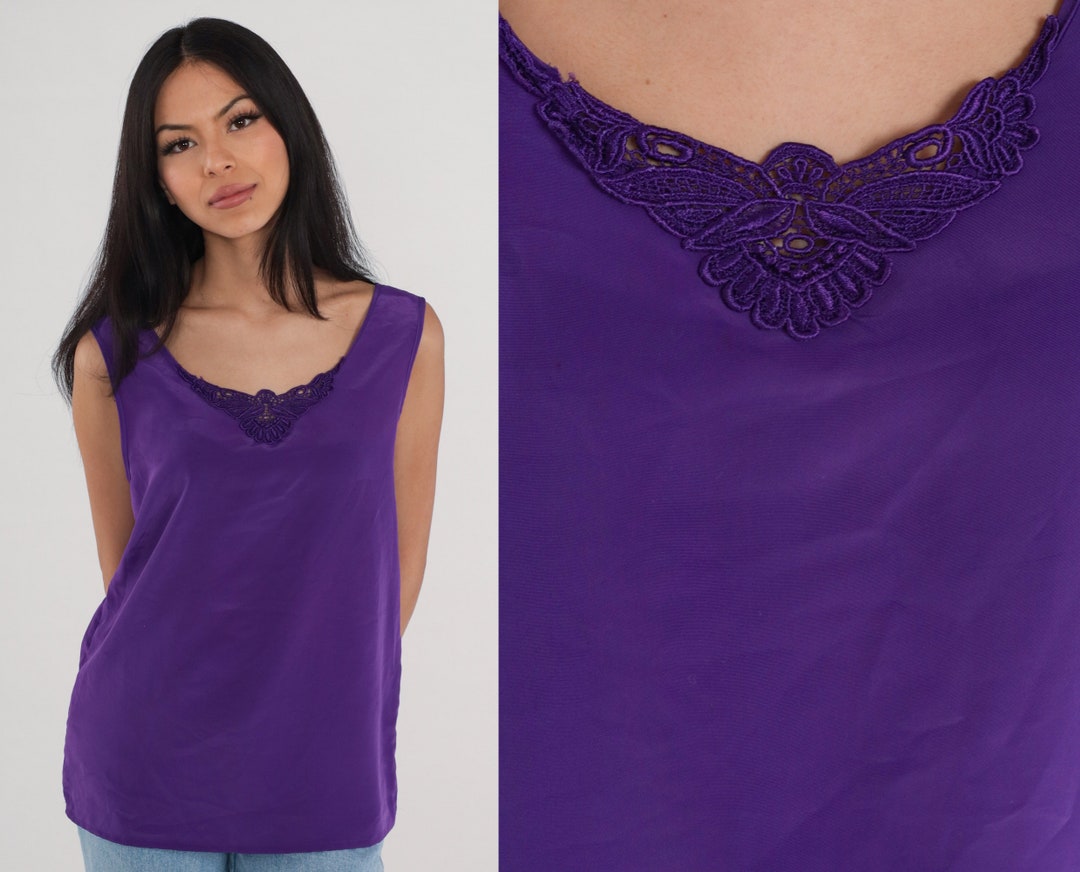 Purple Camisole 90s Cami Lingerie Tank Top Floral Lace Applique Sleeveless Romantic Sleep Shirt