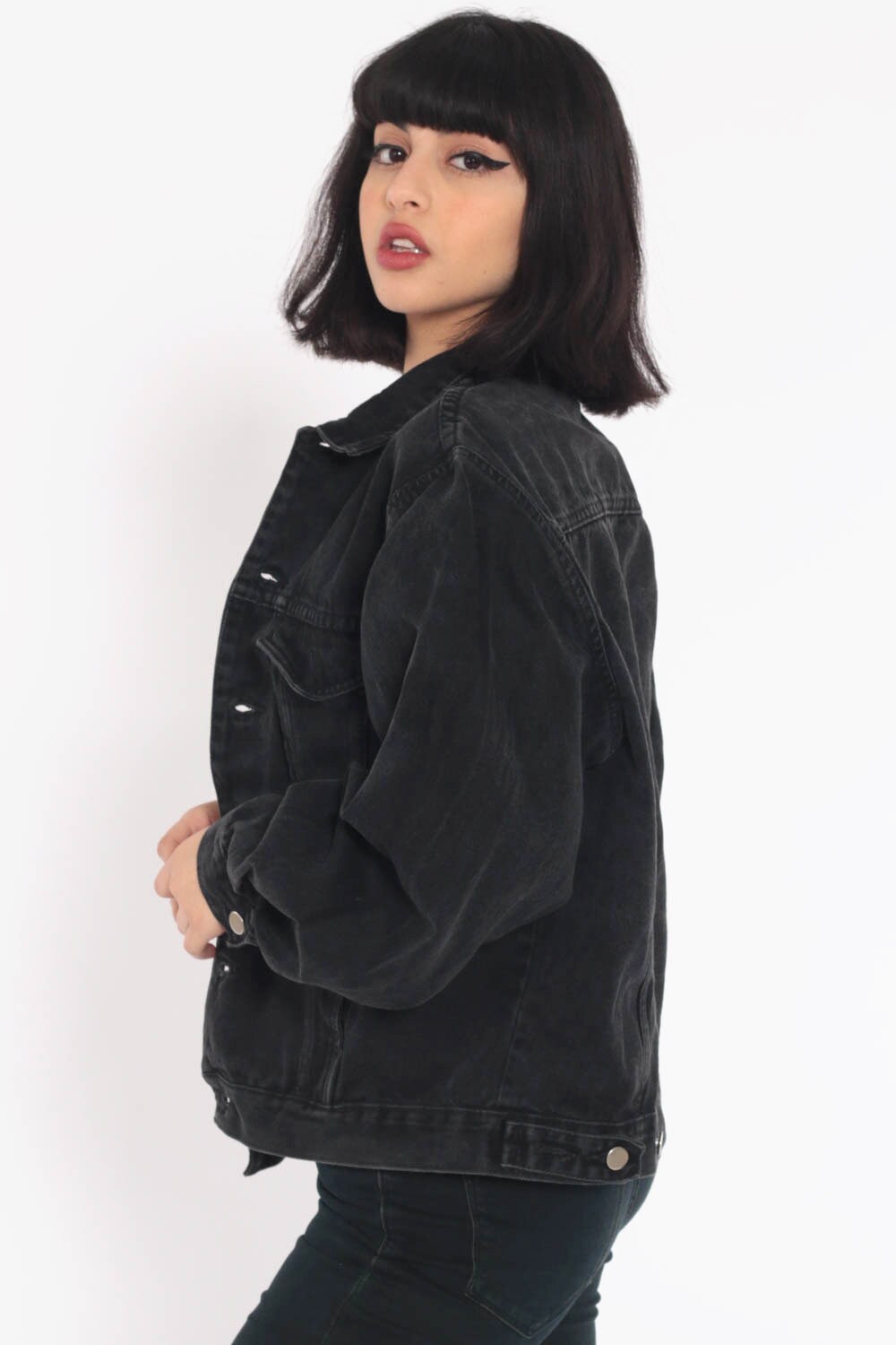 Black Denim Jacket Vintage 90s Jean Jacket Trucker Jacket Grunge Biker