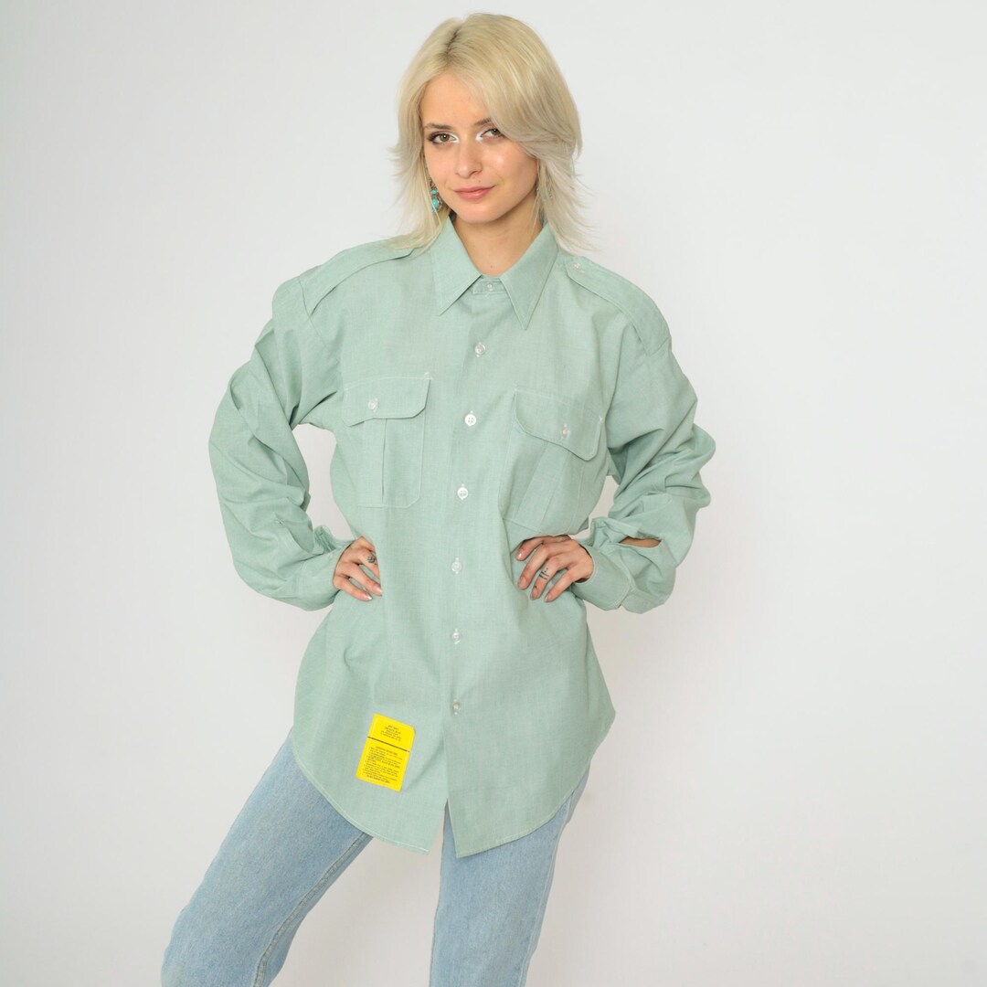 Light Green Button up Shirt Y2K Oxford Work Shirt Plain Long Sleeve ...