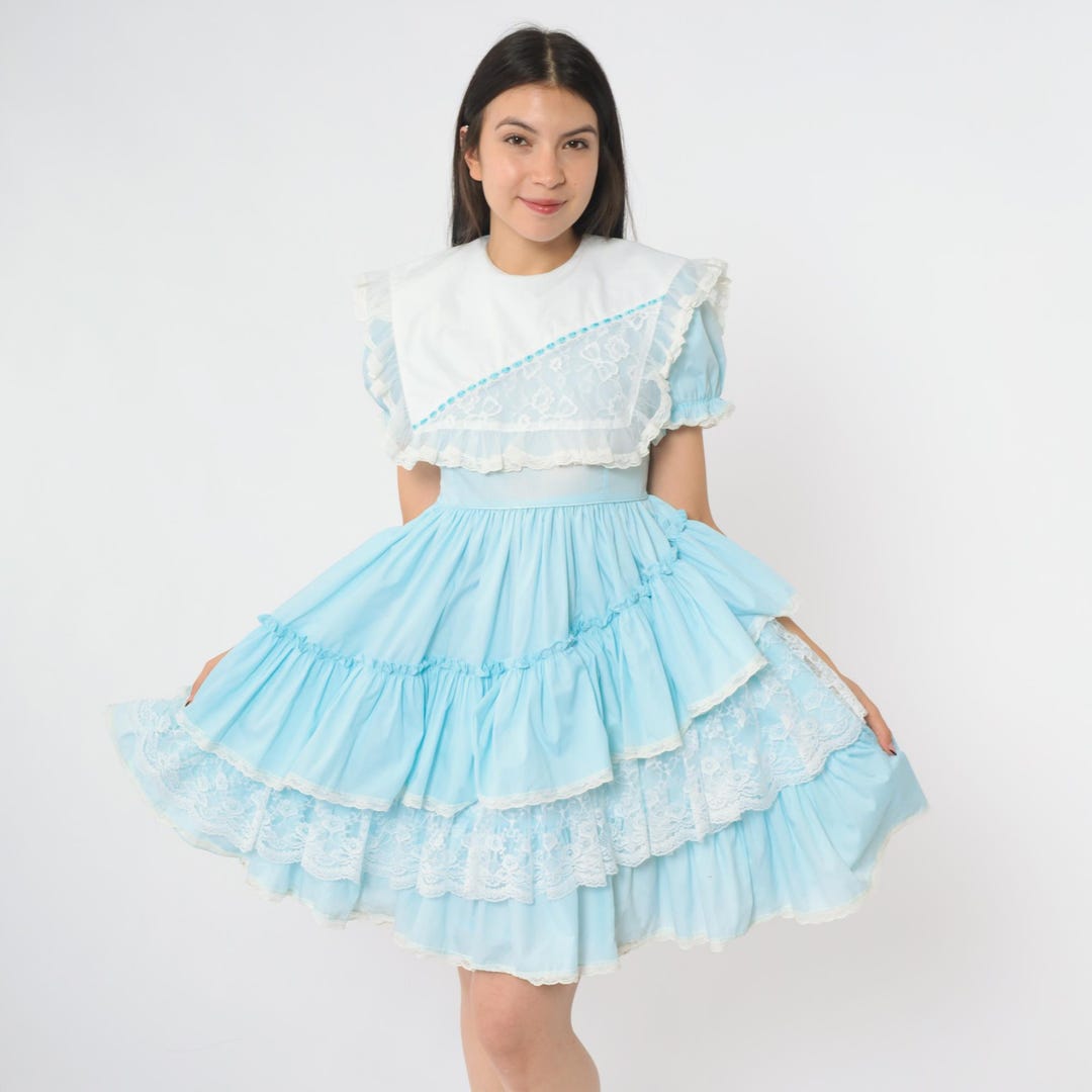 Blue Ruffle Dress 80s Vintage Allison Daley Lace Trim Puff Sleeves ...