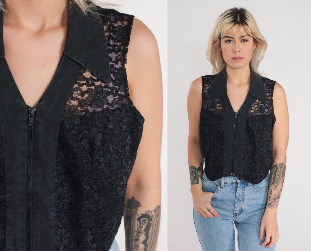 Black Lace Vest 90s Sheer Floral Vest Top Sleeveless Blouse Zip up ...