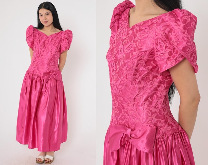 80s Party Dress Fuchsia Pink Taffeta Lace Dress Puff Sleeve Dress Bow ...