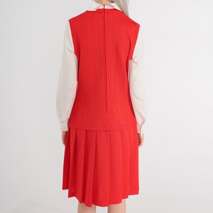 Pleated Mod Dress Red 60s 70s Scooter Dress Cable Knit Vest Nerdy Shift ...
