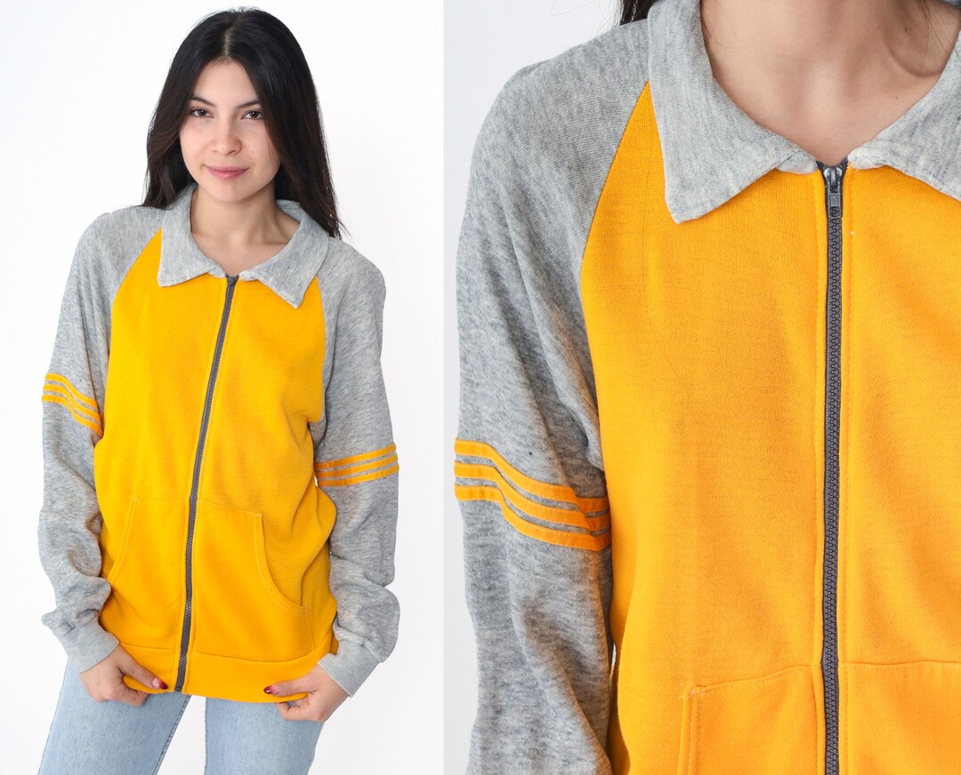 80s Track Jacket Yellow Grey Striped RAGLAN Sleeve Zip up Sweatshirt ...