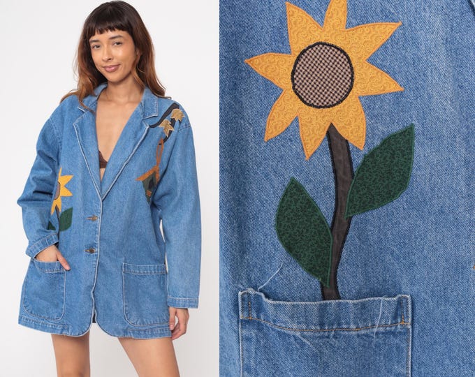 Birdhouse Denim Jacket 90s Appliqué Sunflower Patchwork Long Blue ...