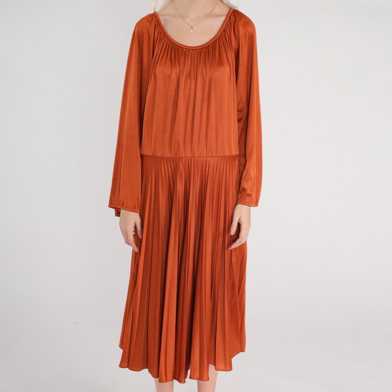 Rust Blouson Dress 70s Pleated Midi Dress Retro High Waisted - Etsy