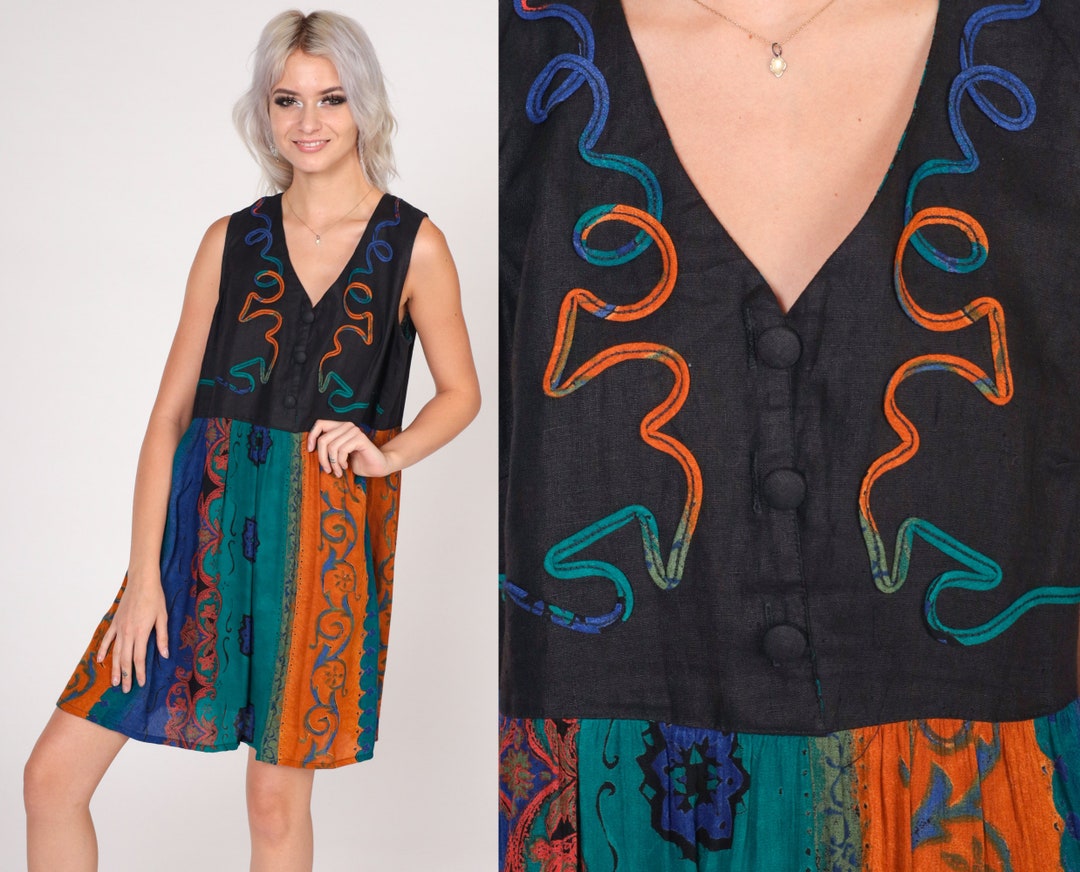 90s Mini Dress Button up Grunge Day Dress Black Abstract Print - Etsy