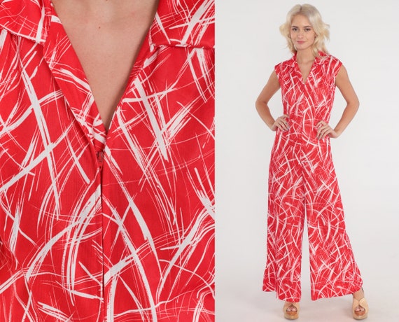 70s Jumpsuit Bell Bottom Pantsuit Zip Up Red White Ab… - Gem