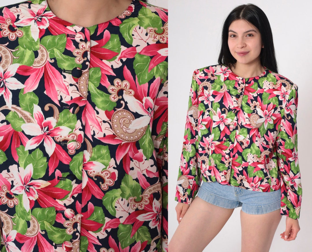 Tropical Floral Blazer 90s Bright Flower Print Jacket Pink Green Navy ...