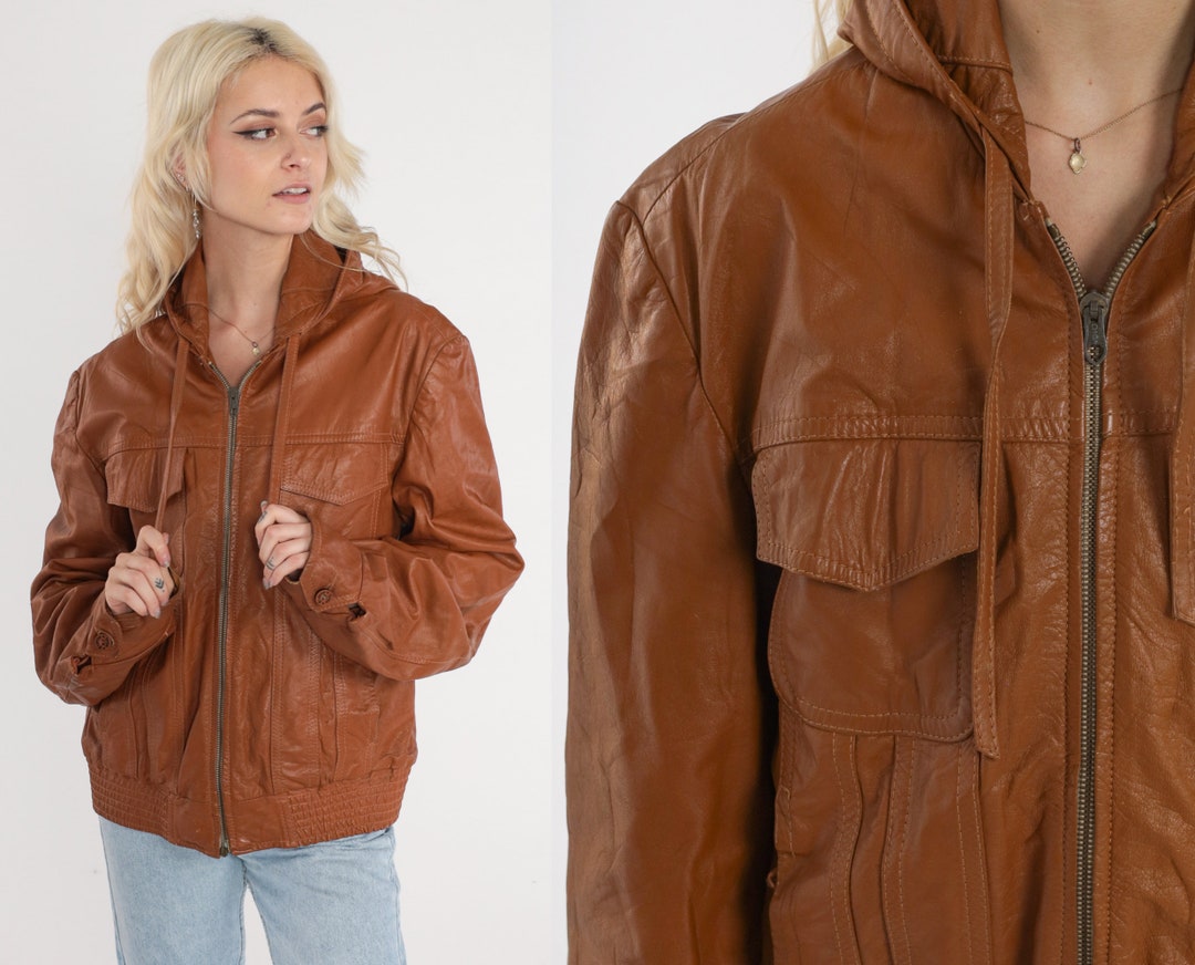 Hooded Leather Jacket 70s Brown Bomber Jacket Zip up Hood Coat Cargo ...