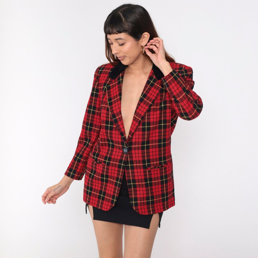 Red Plaid Blazer 90s Black Velvet Collar Button up Checkered Jacket ...