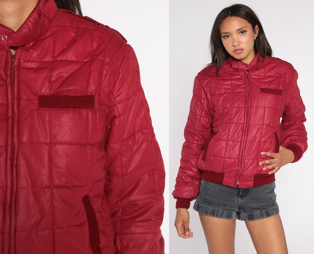 Burgundy Puffer Jacket 80s Quilted Ski Jacket Insulated Zip up Bomber ...