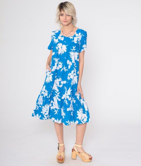 Hawaiian Mini Dress Blue Floral Tent Dress Boho 80s T… - Gem