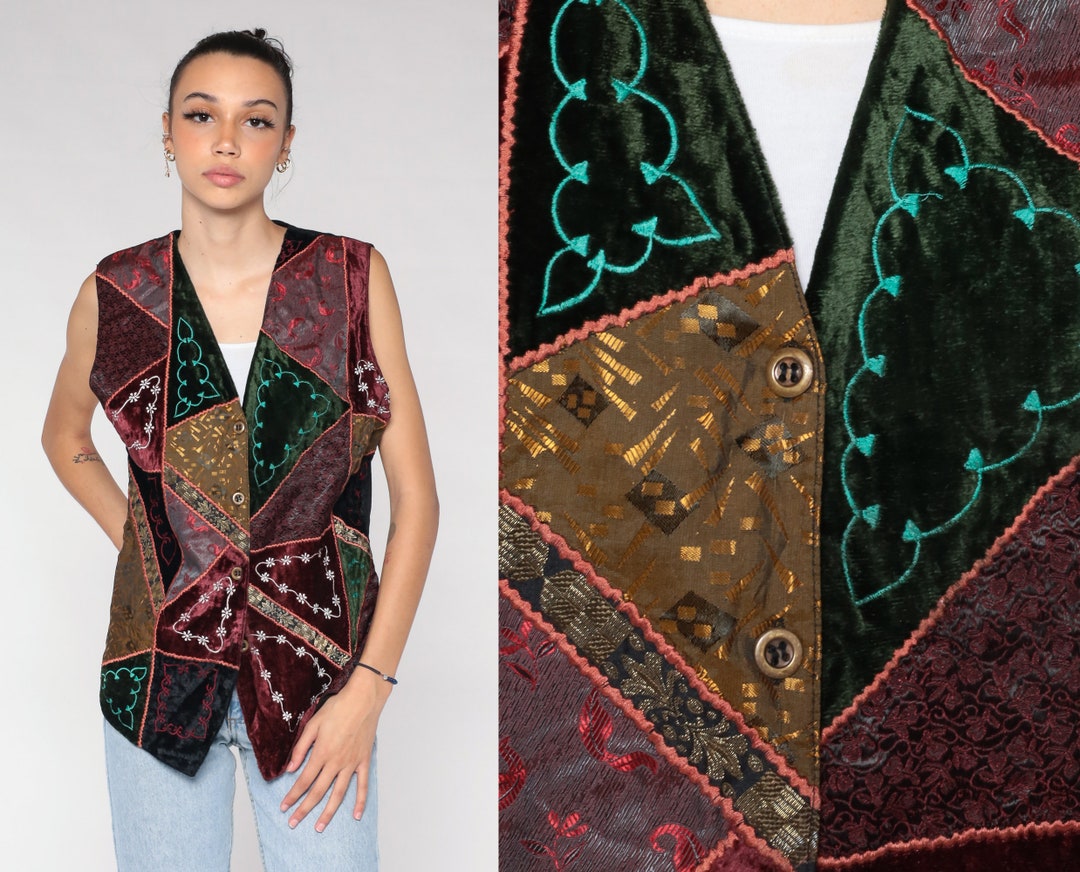 Velvet Patchwork Vest 90s Floral Embroidered Vest Bohemian Button up Sleeveless Jacket Hippie ...
