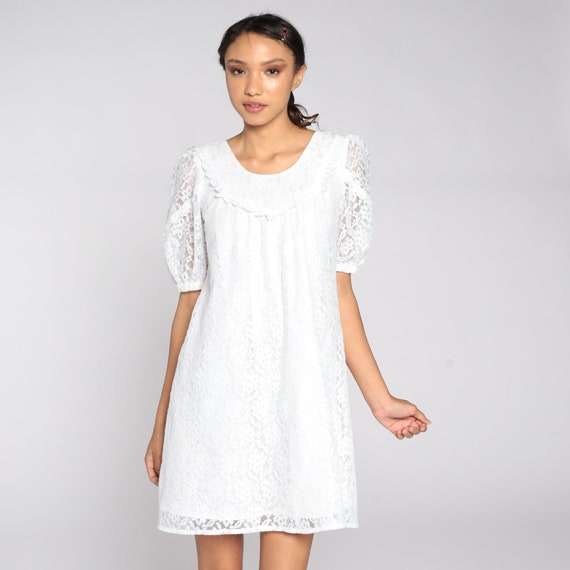 White Lace Dress 80s Mini Dress Puff Sleeve Party Dre… Gem