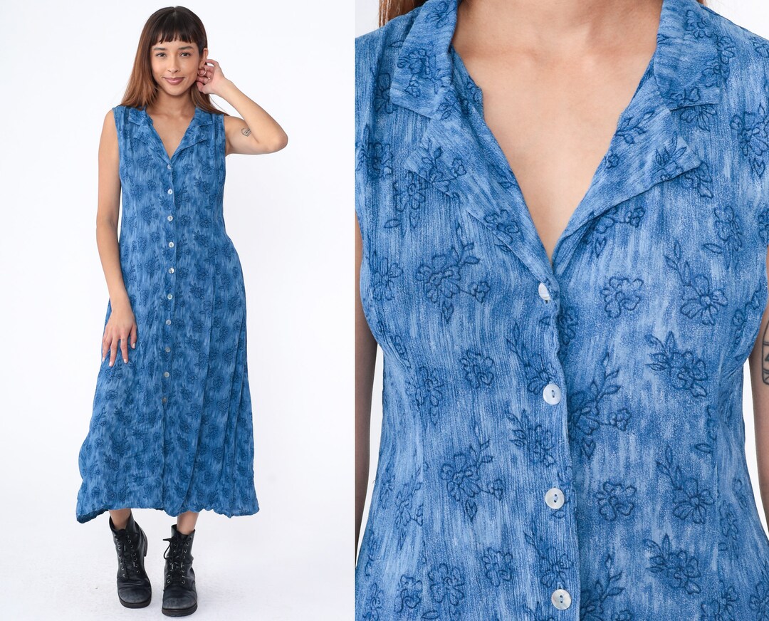 90s Floral Dress Blue Grunge Ankle Length Midi Sundress Button up Boho ...