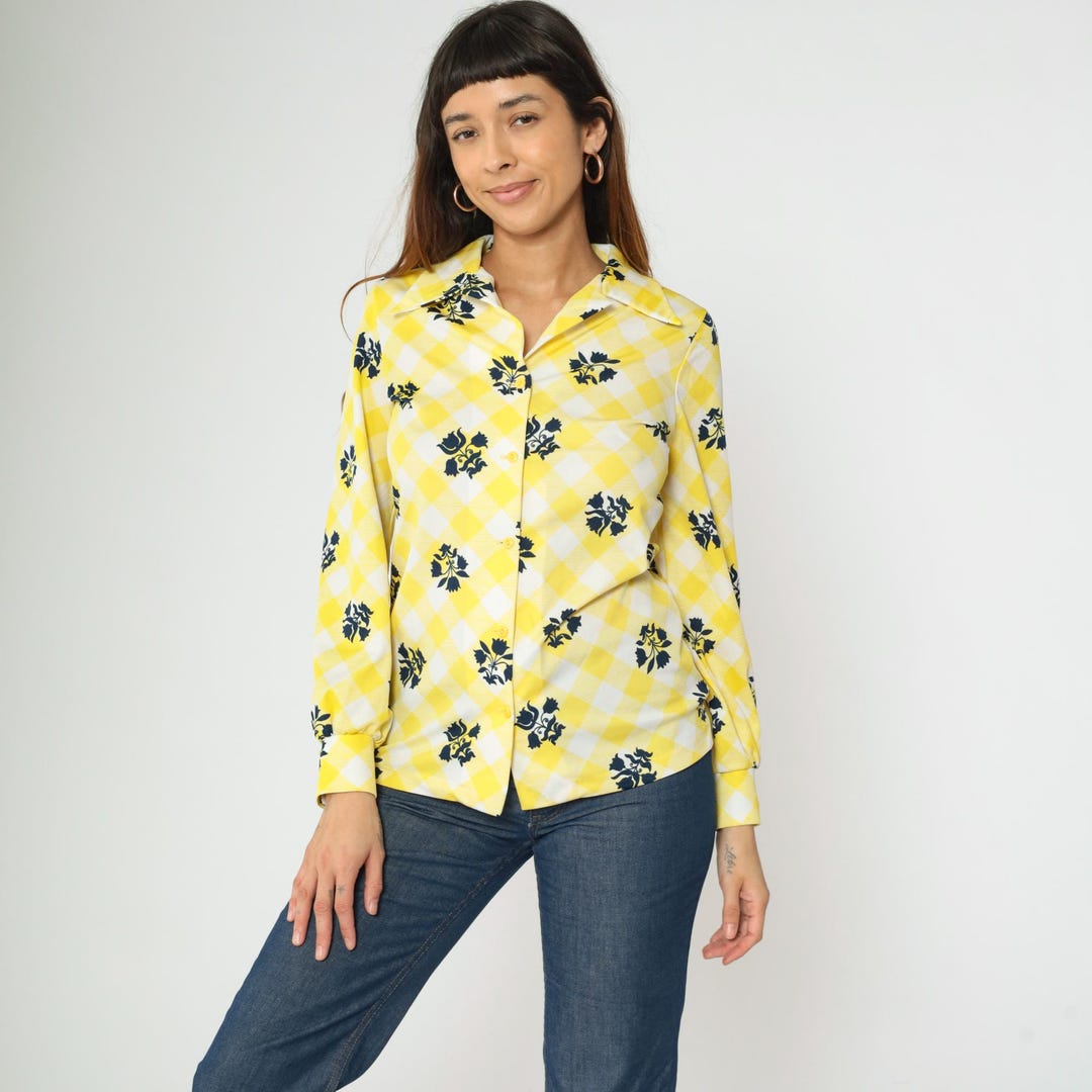 70s Checkered Floral Blouse Yellow Button up Shirt Flower Print Top ...