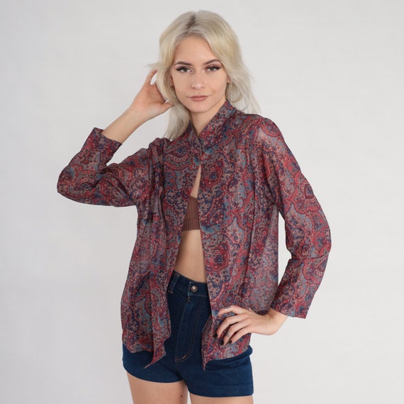 Open Front Top 70s Indian Floral Blouse Long sleeve S… - Gem