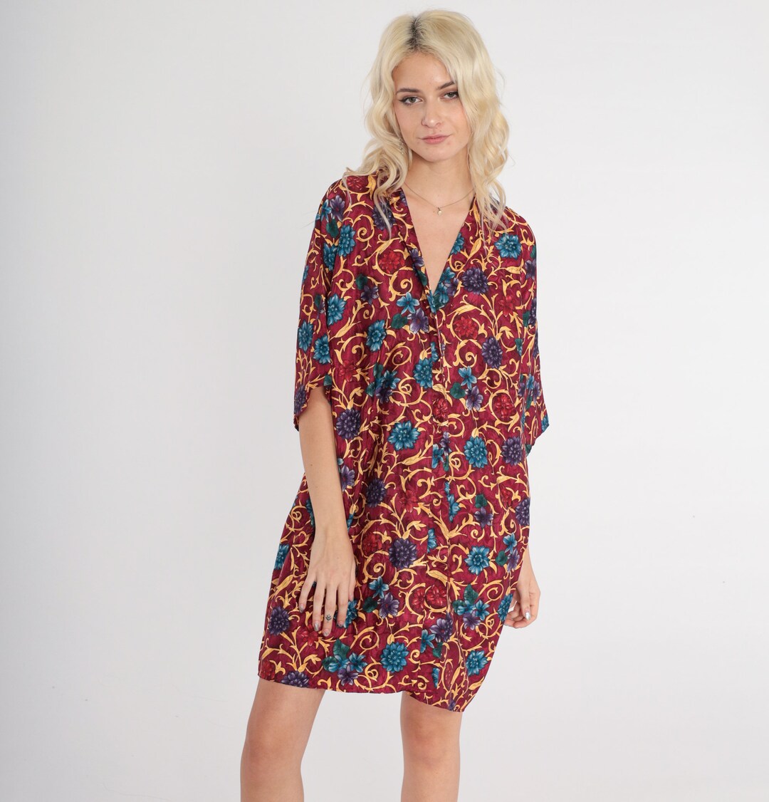 Burgundy Floral Robe 90s Short Kimono Mini Lingerie Jacket Baroque ...