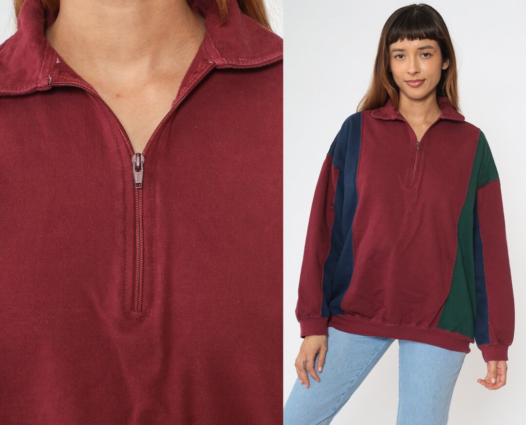Color Block Sweatshirt 90s Burgundy Cotton Striped Quarter Zip ...