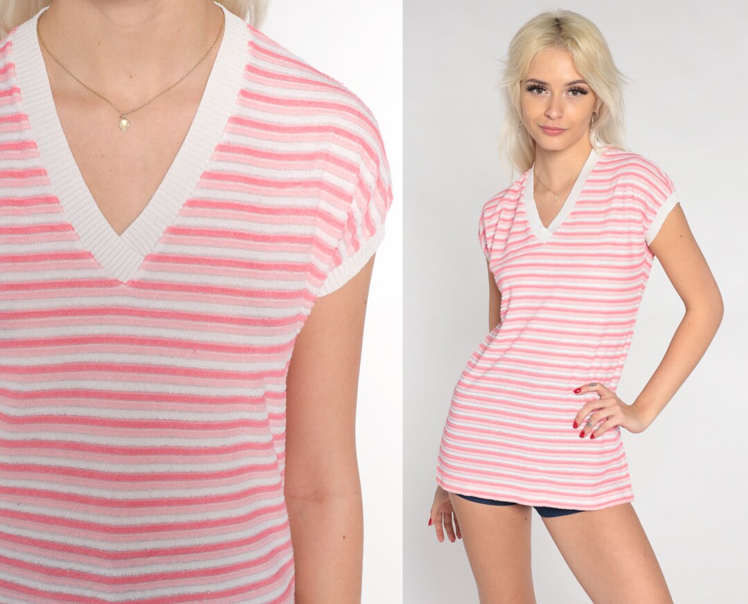Striped Terry Cloth Shirt 80s Pink Ringer Tee White Terrycloth Blouse V ...