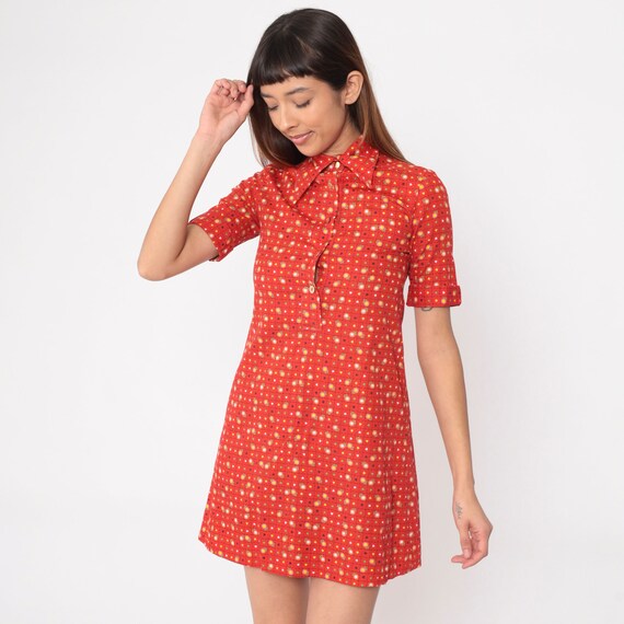 70s Mini Dress Red Ditsy Heart Flower Print Shift Mod… - Gem