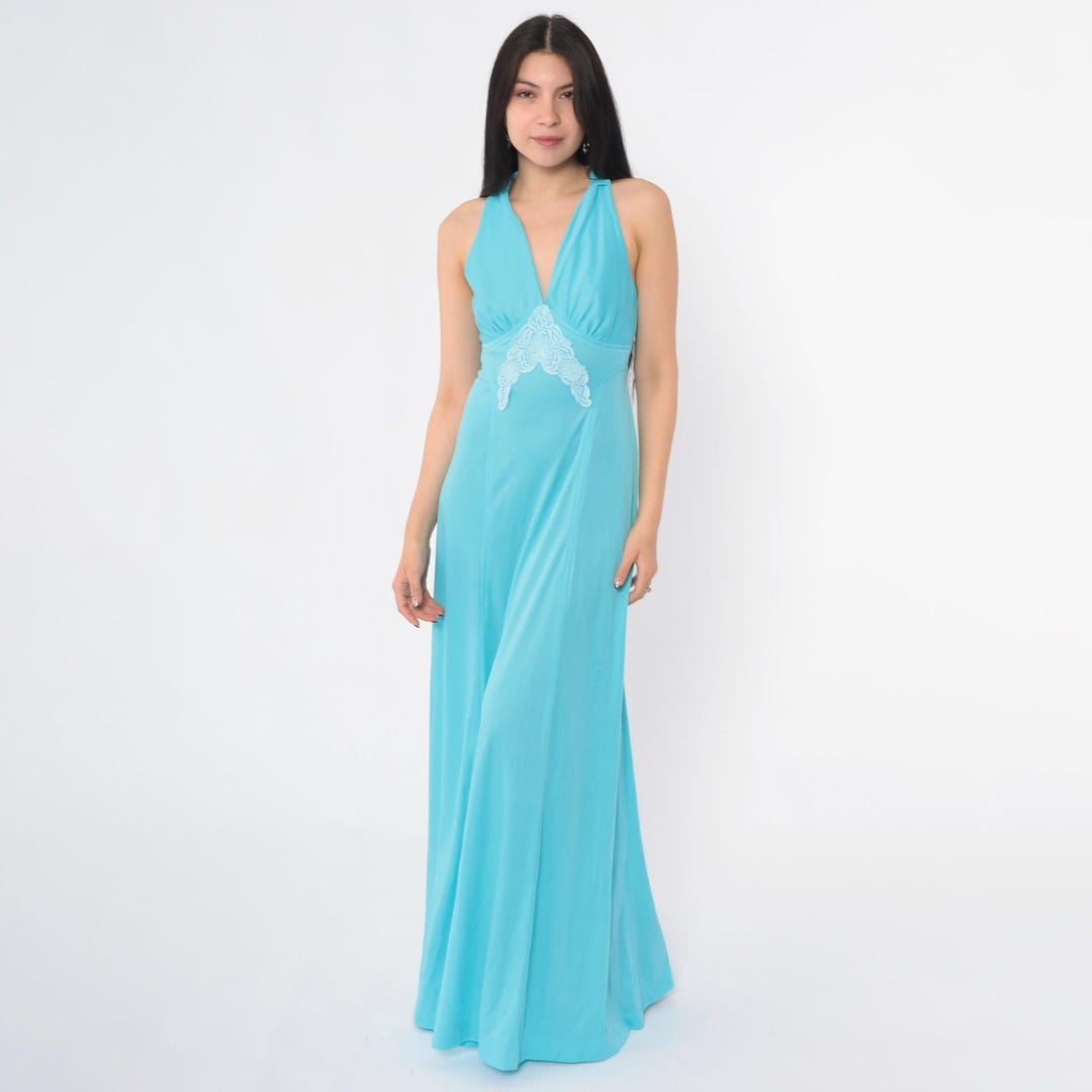 Vintage 70s Disco Party Dress Blue Lace Grecian Gown Long V Neck Maxi ...