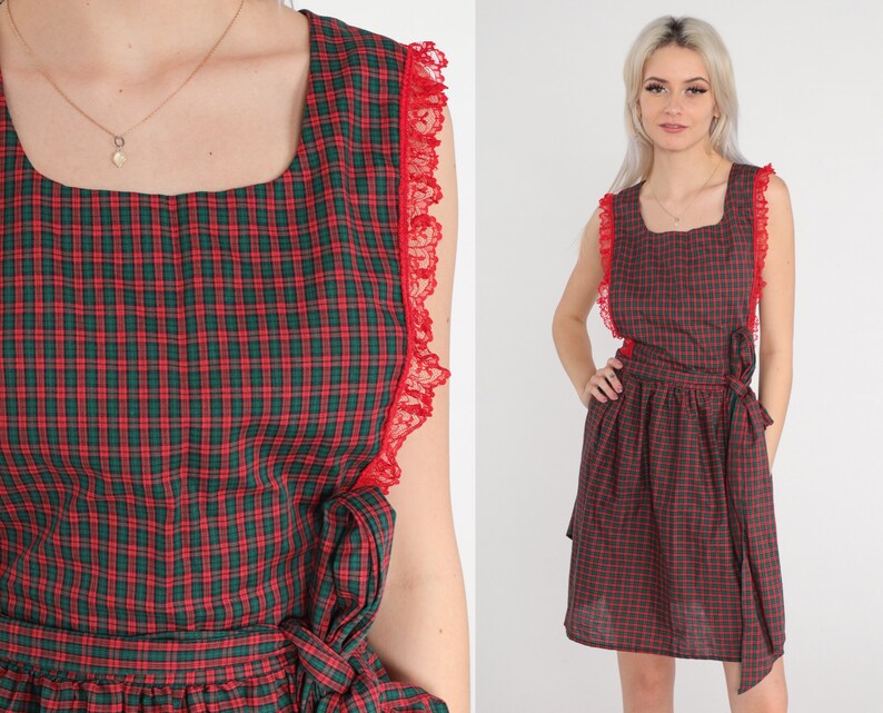 70s Apron Dress Red Plaid Open Back Diner Uniform Lace - Etsy