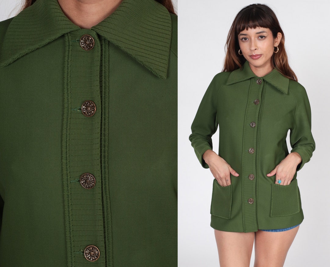 70s Jacket Dark Green Over Shirt Retro Plain Button up Long Raglan ...