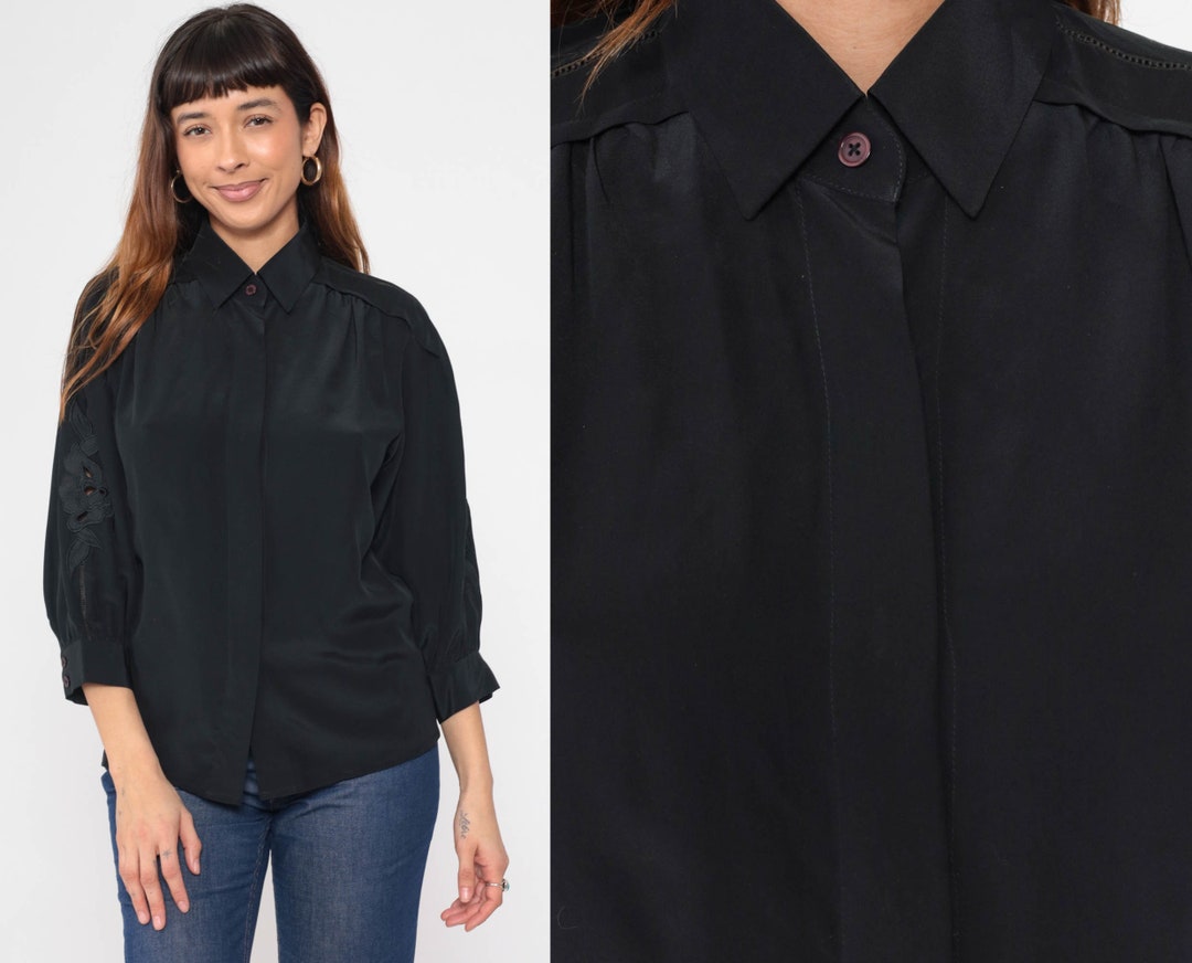 Black Cutout Blouse 80s Floral Embroidered Top 3/4 Long Sleeve Button ...