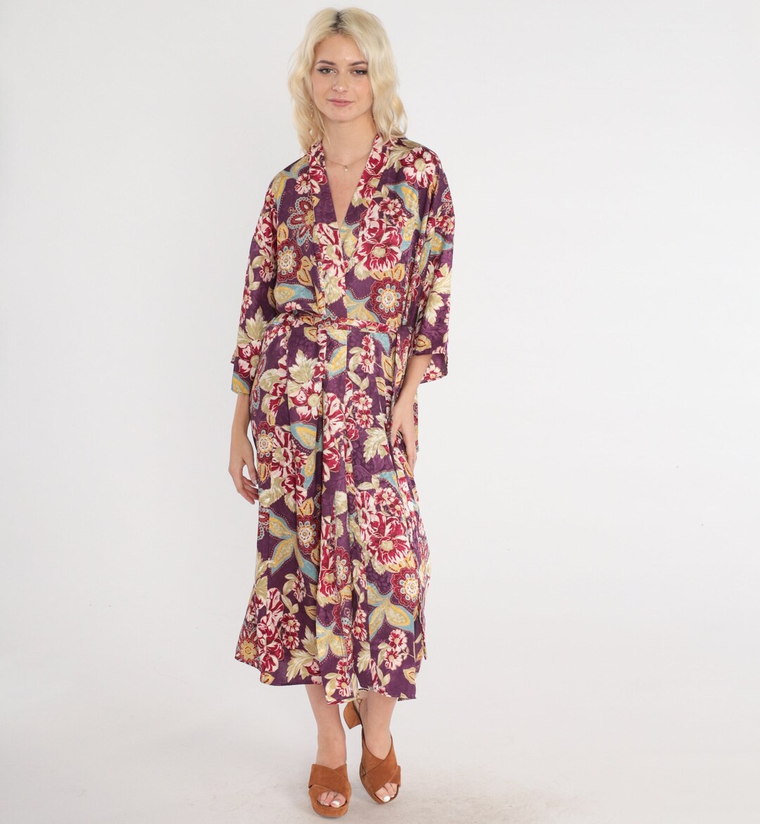 Purple Floral Robe 90s Lingerie Robe Long Bed Jacket Flower Print Tie ...