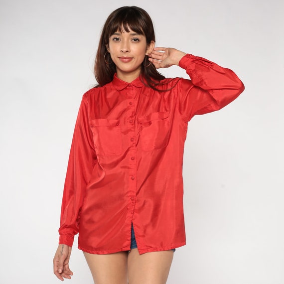 Red Button Up Blouse 80s Collared Shirt Retro Boho Pl… - Gem