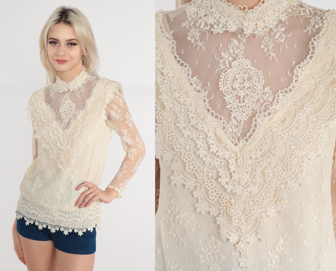 Victorian Lace Blouse 70s 80s Sheer Cream Floral Shirt High Neck Top ...