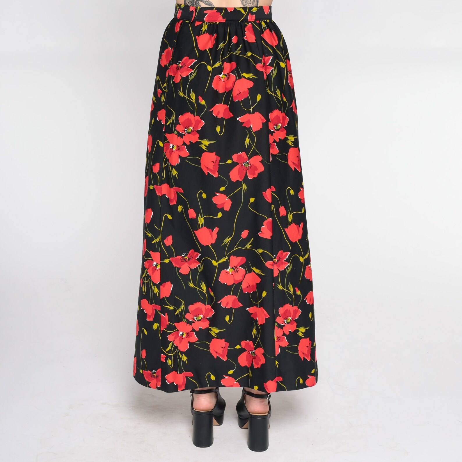 90s Floral Skirt Black Red Poppy Skirt 90s Maxi Boho Straight - Etsy