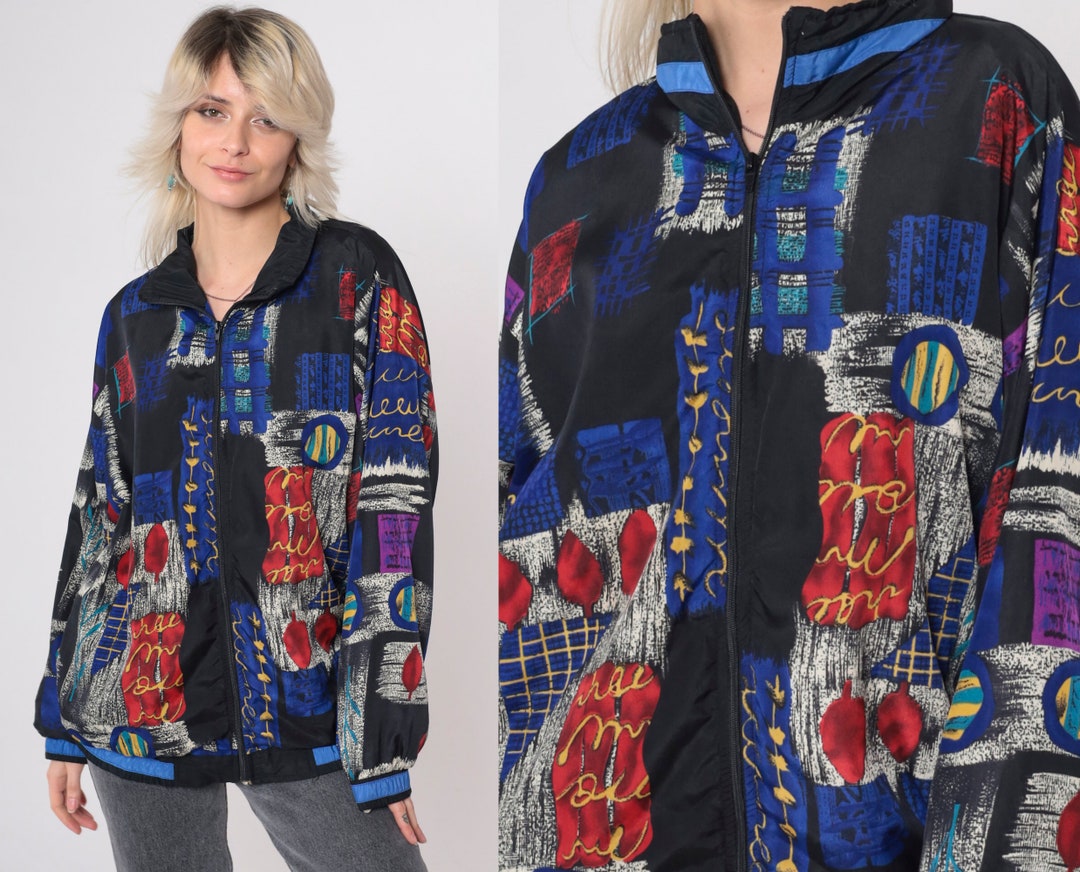 90s Patchwork Windbreaker Black Checkered Abstract Full Zip up Jacket ...