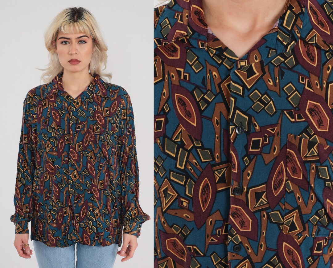 90s Button up Shirt Abstract Print Shirt Retro Long Sleeve Geometric ...