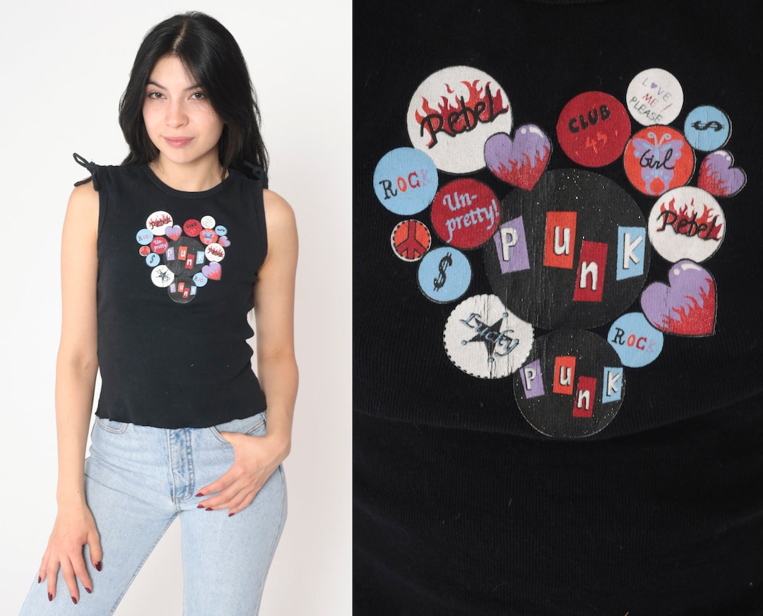 Punk Rocker Girl Tank Top Y2K Shirt Rock Music Rebel Flames Buttons ...