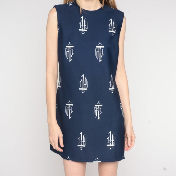 Vintage 70s Shift Dress Mod Mini Dress Navy Blue Abst… - Gem