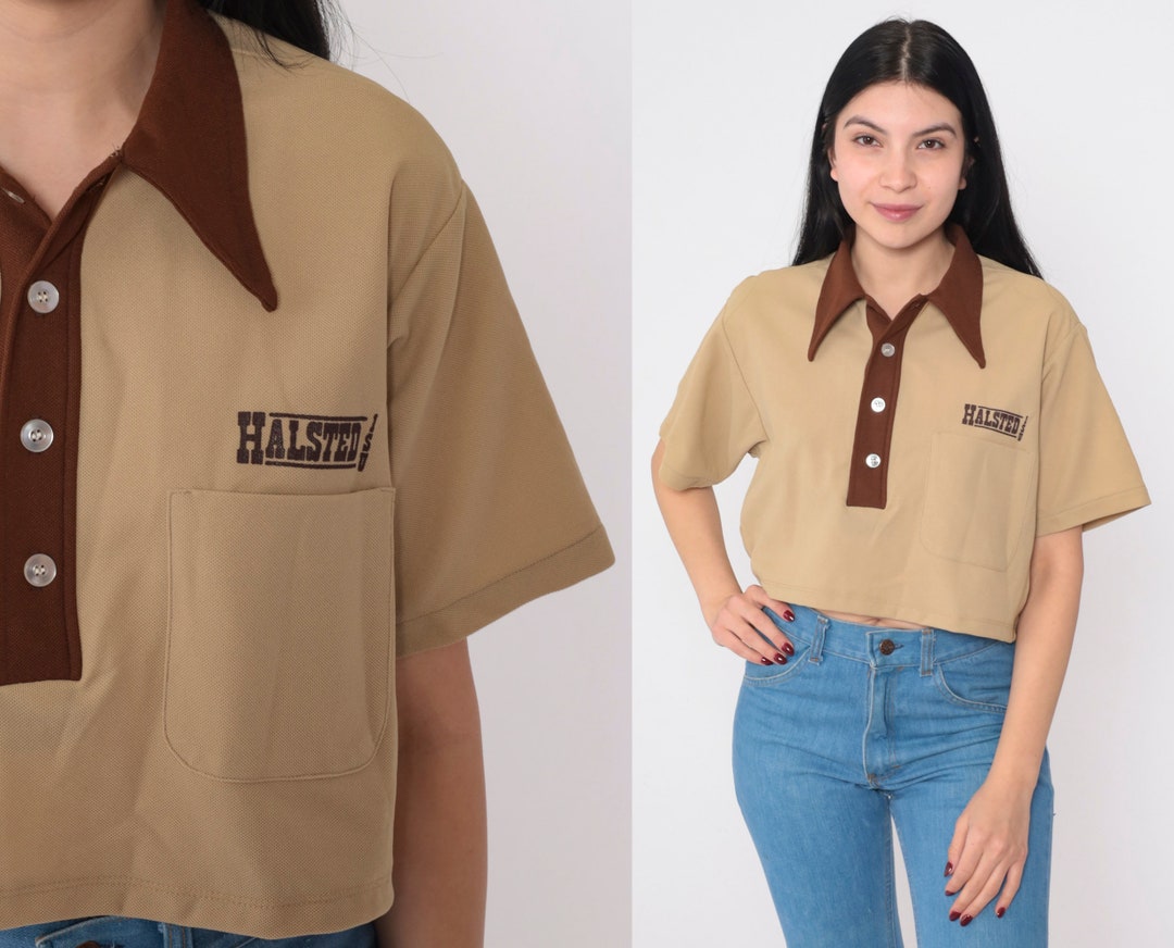 Tan Crop Top 70s Cropped Polo Shirt Halsted ISU Logo Short Sleeve ...