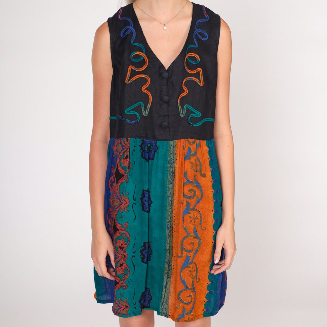 90s Mini Dress Button up Grunge Day Dress Black Abstract Print Striped ...