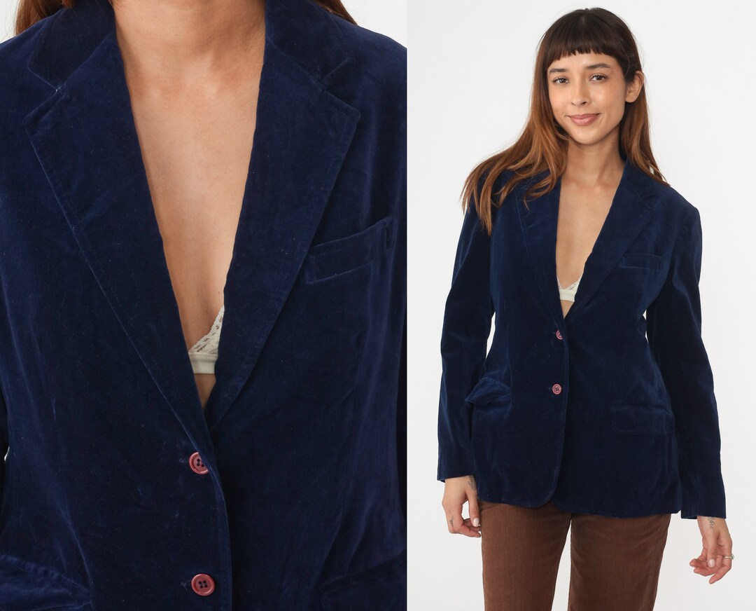 Dark Blue Velvet Blazer 80s Button up Jacket Navy V Neck Retro Preppy ...
