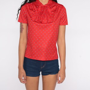 Red Ruffle Blouse 70s 80s Boho Top Ruffle Collar Shirt Square Print ...