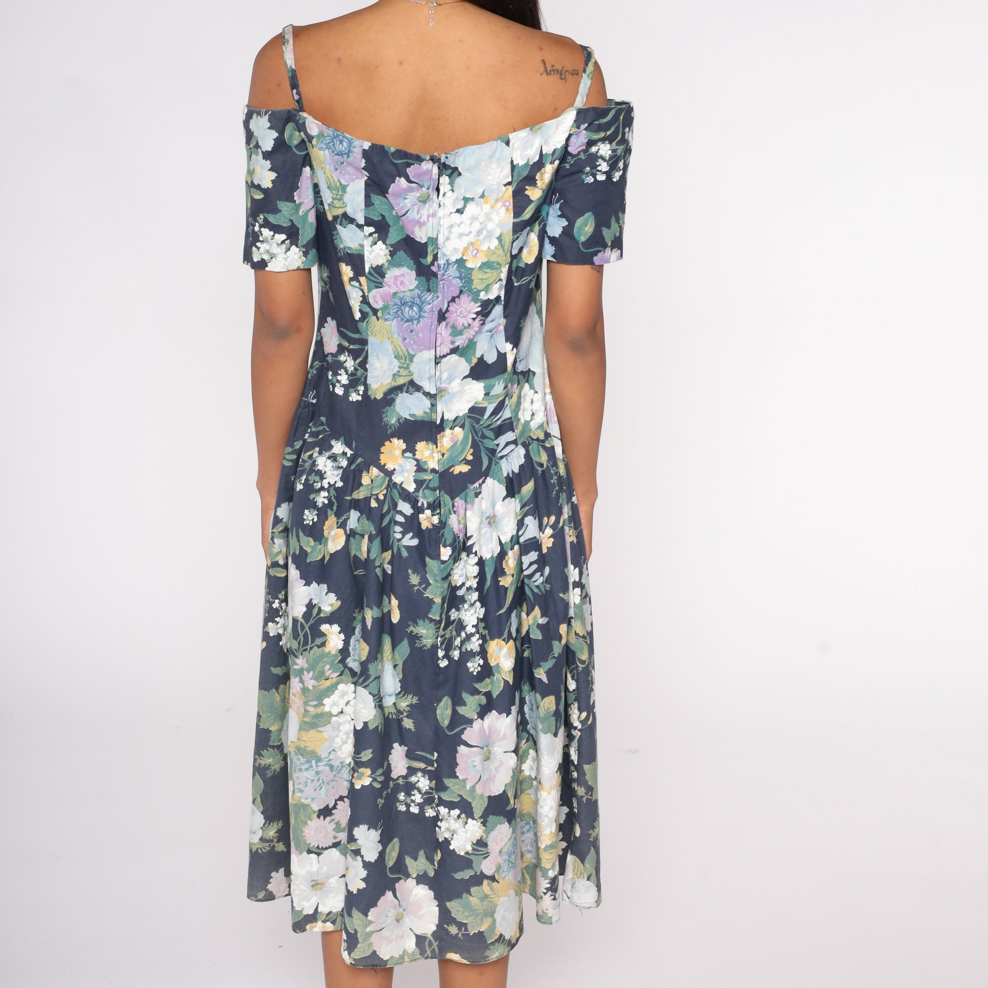 Off Shoulder Dress 80s Floral Midi Dress Dark Blue Basque - Etsy