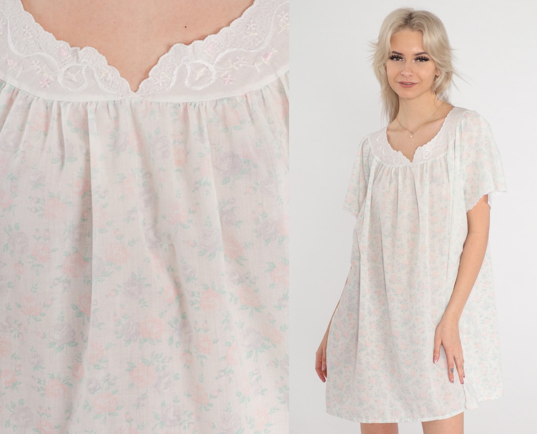 Floral Nightgown Pajama Dress 90s Embroidered Short Sleeve Nightie Mini ...