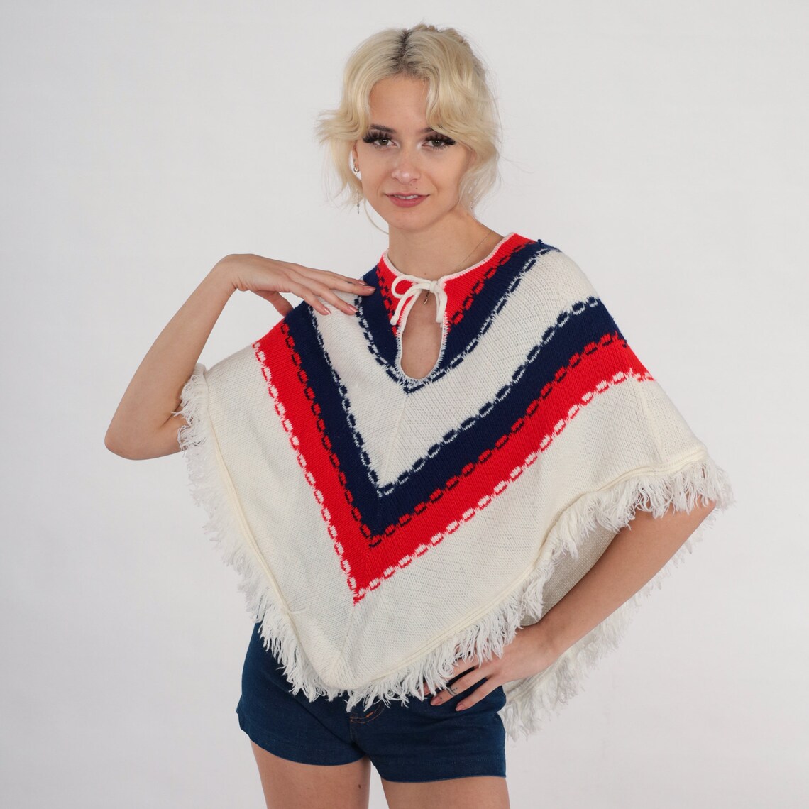 70s Striped Poncho Knit Hippie Poncho Fringe Shall Cape - Etsy