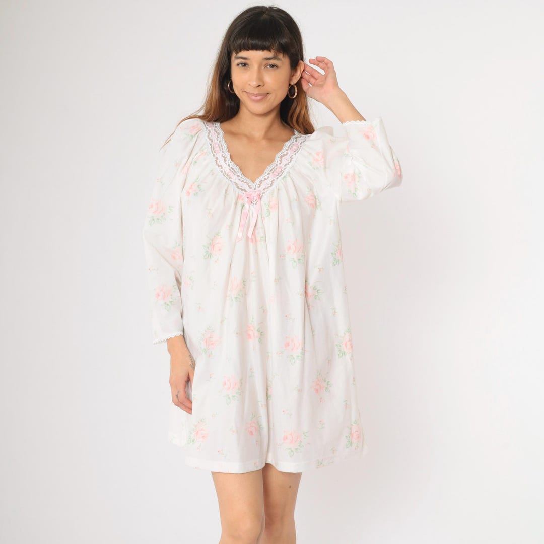 Vintage Floral Nightgown 80s White Pajama Dress Lace V Neck Puff Sleeve ...