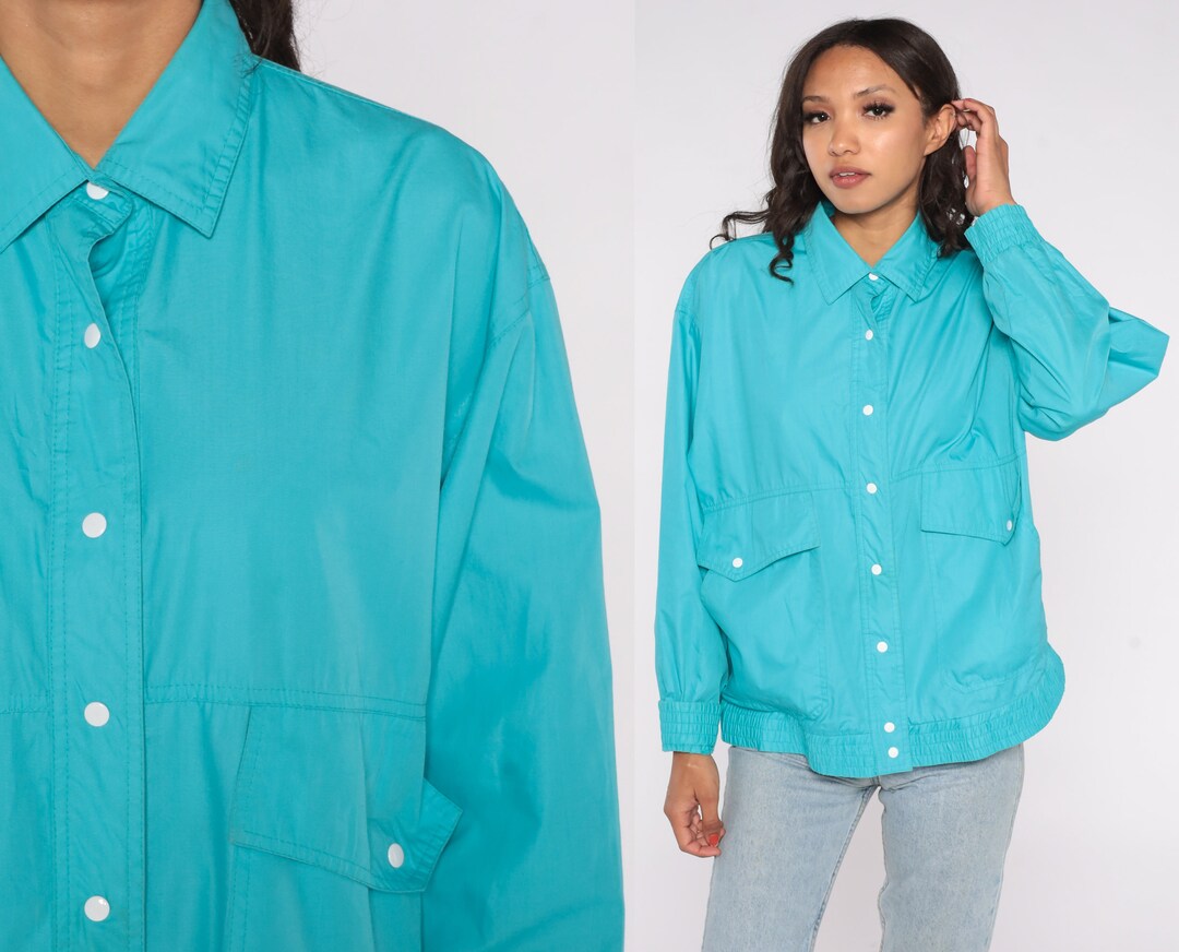 80s Windbreaker Jacket Turquoise Blue Plain Button up Cargo Pocket ...