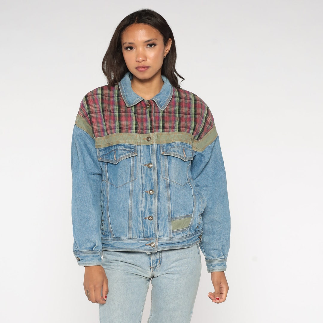 Plaid Jean Jacket 90s Denim Jacket Western Yoke Jacket Grunge Vintage ...